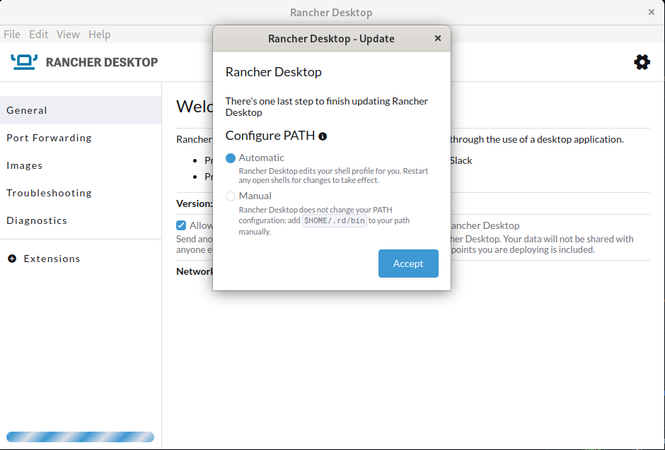 First-run dialog, wrong behavior on closing · Issue #4409 · rancher-sandbox/rancher-desktop · GitHub