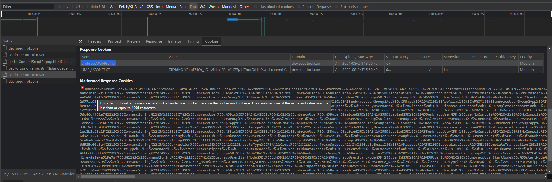 umbracoWebProfiler Cookie Malformed because it is too big · Issue #12896 · umbraco/Umbraco-CMS ...