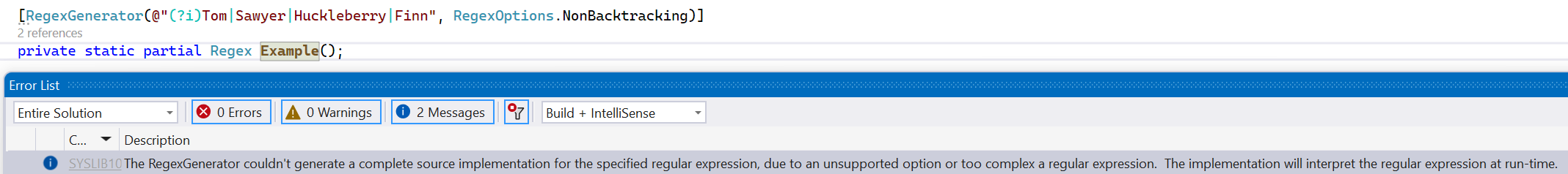 RegexSourceGenerator informational diagnostics are not being displayed ...