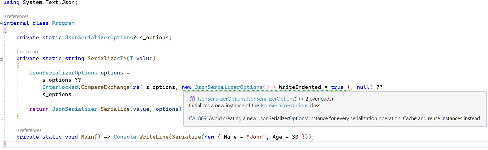 CA1869 is flagging lazily-initialized JsonSerializerOptions construction · Issue #6957 · dotnet ...