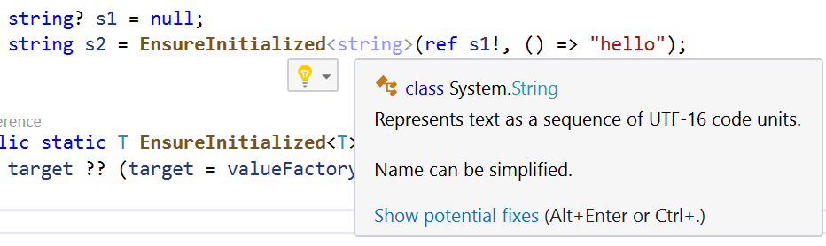 Incorrect "name can be simplified" lightbulb with nullable · Issue #34723 · dotnet/roslyn · GitHub
