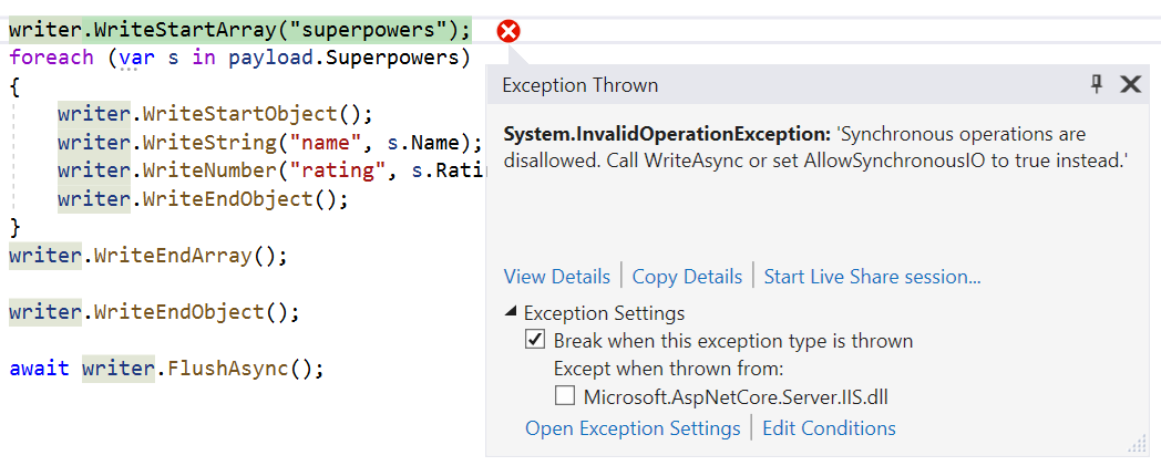 Utf8JsonWriter throws `System.InvalidOperationException: Cannot advance past the end of the ...