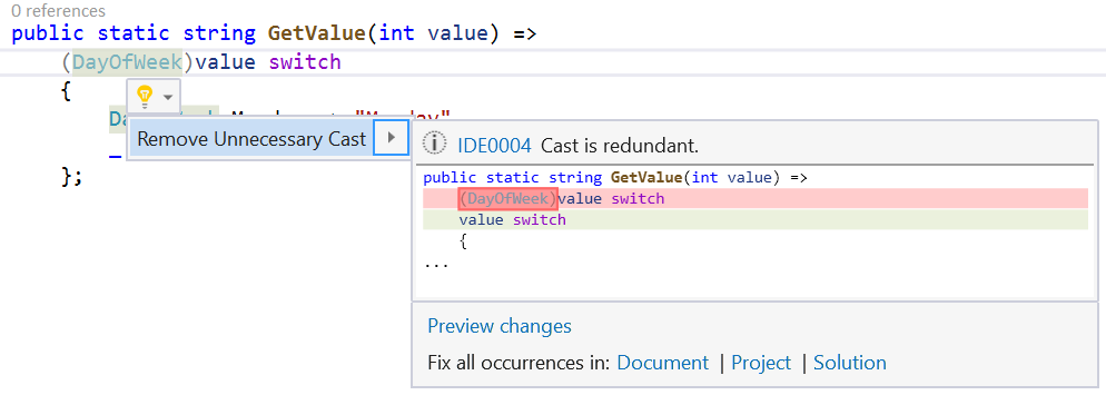 IDE0004 incorrectly suggests int to enum cast in switch expression is redundant · Issue #37953 ...