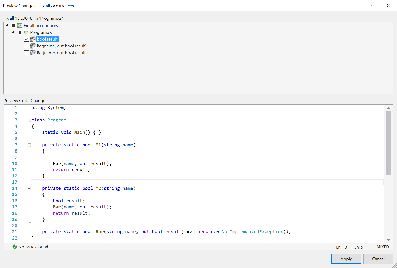 IDE0018 preview presents incorrect option if blank line present · Issue ...