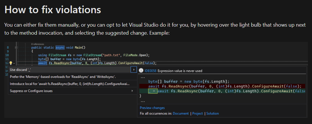 Image shown for CA1835 docs are for the wrong fixer · Issue #20820 · dotnet/docs · GitHub