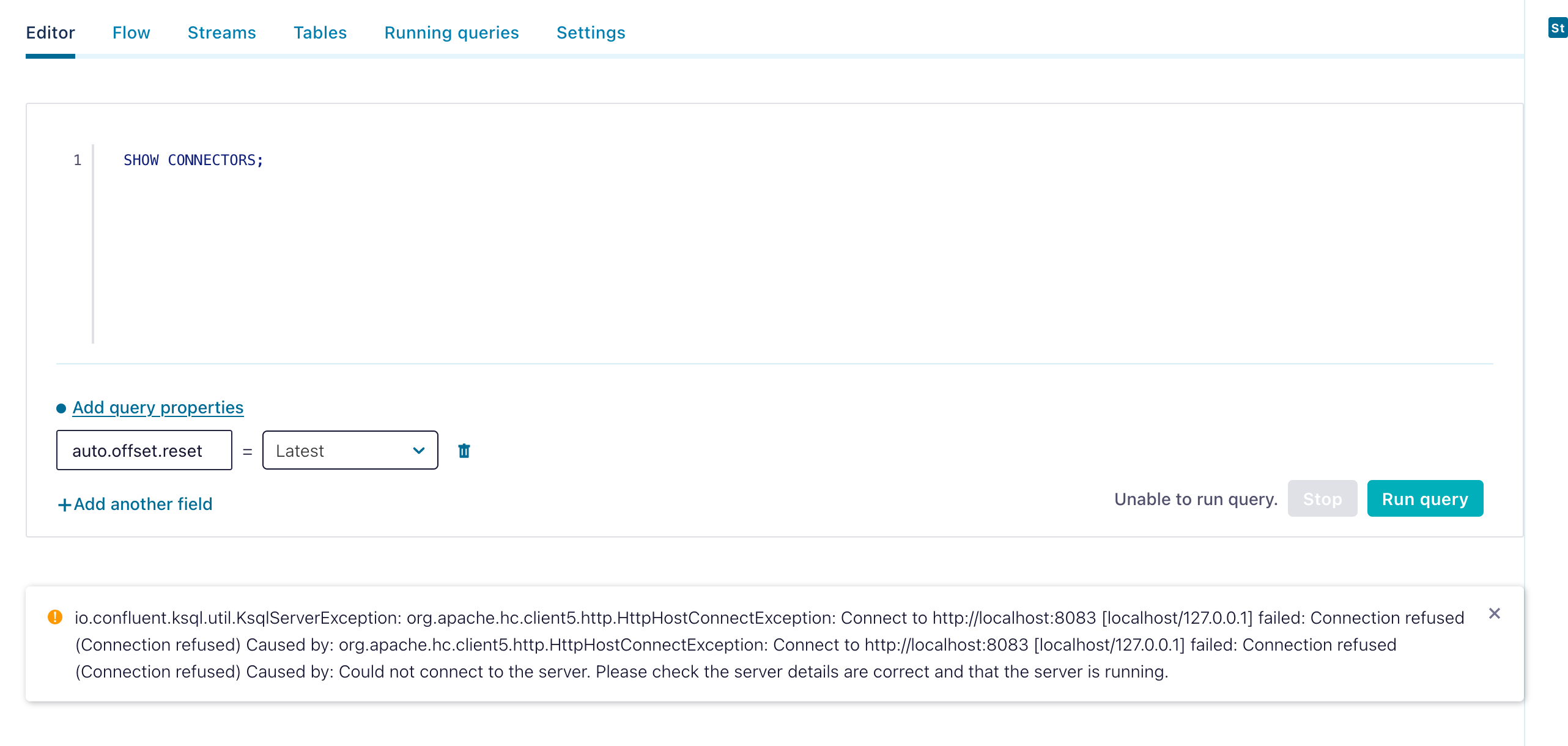 Improve the error message when Connect isn't configured · Issue #4559 · confluentinc/ksql · GitHub