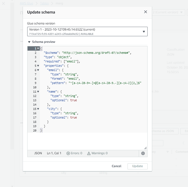 Glue Tables / Glue Schemas (with regular expressions as 'patterns') are not properly linked ...
