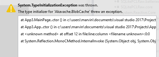 Xamarin.Forms Previewer throws System.TypeInitializationError when working with Akavache ...