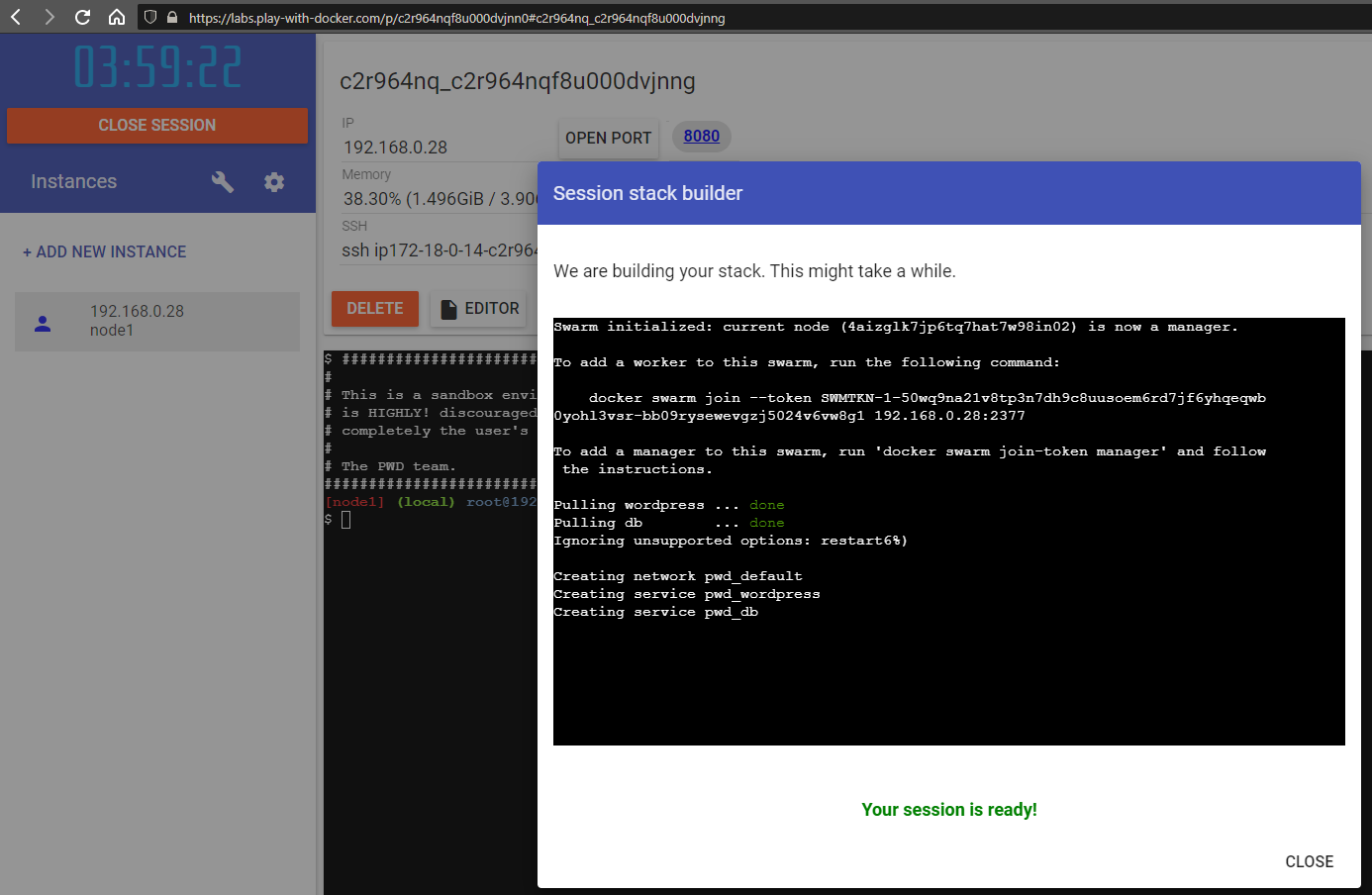 Play with Docker (PWD) Sample on https://hub.docker.com/_/wordpress info page is not helpful ...