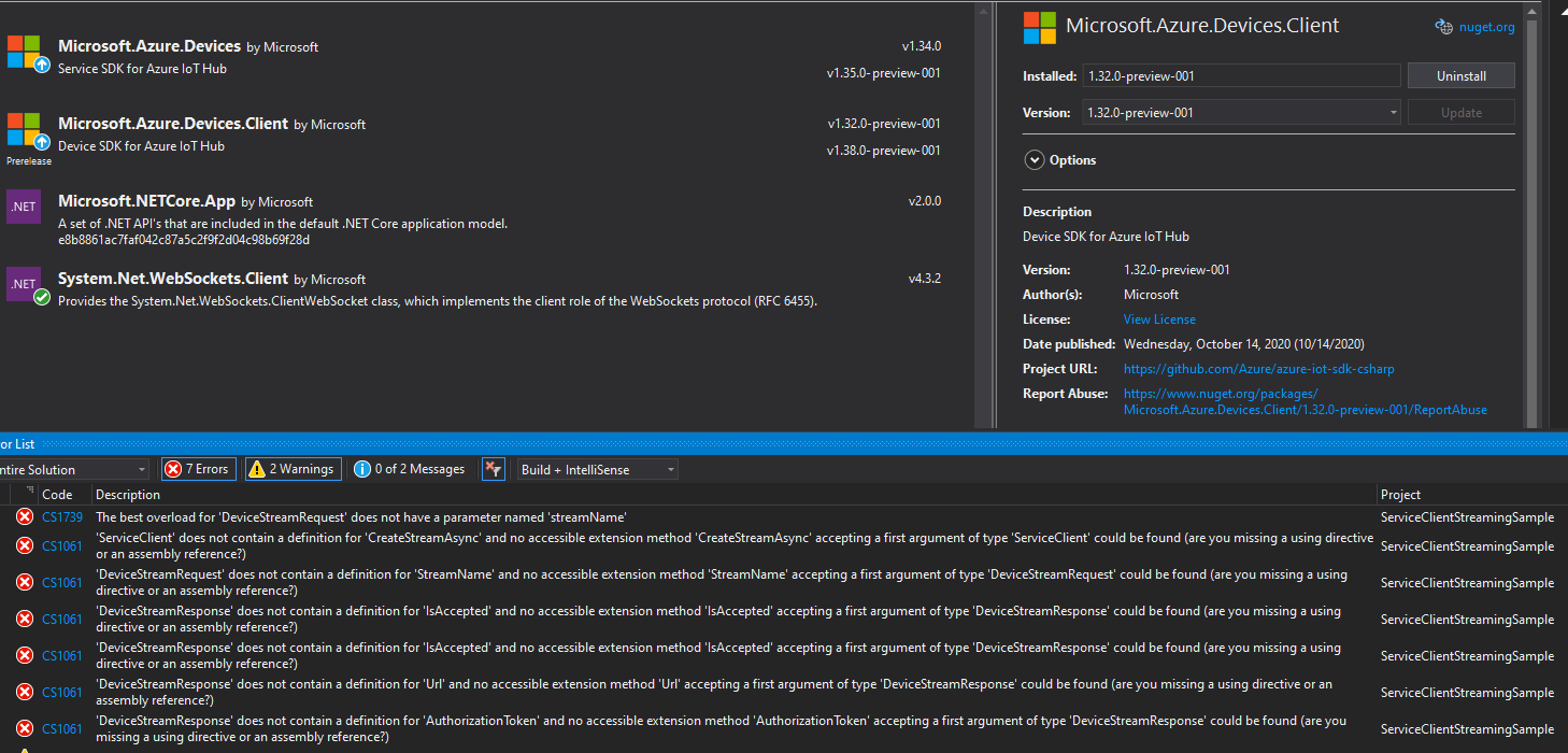 'DeviceStreamRequest' could not be found following Quickstart: Communicate to a device ...