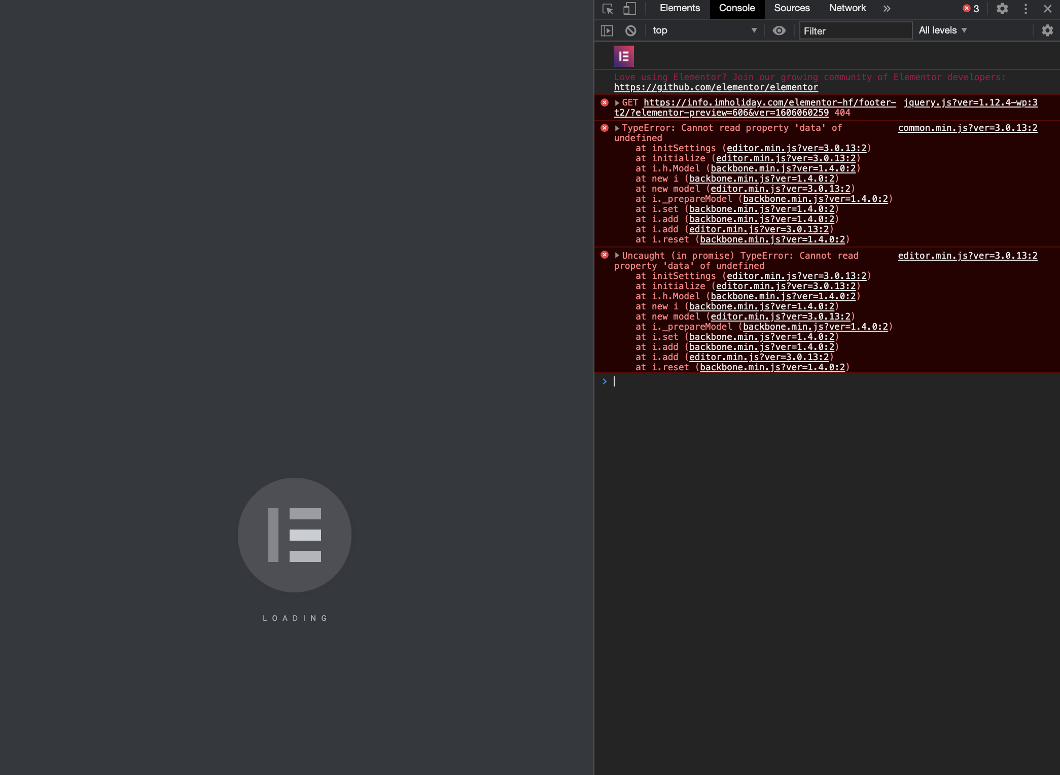 Elementor editor cannot start due to: TypeError: Cannot read property 'data' of undefined ...