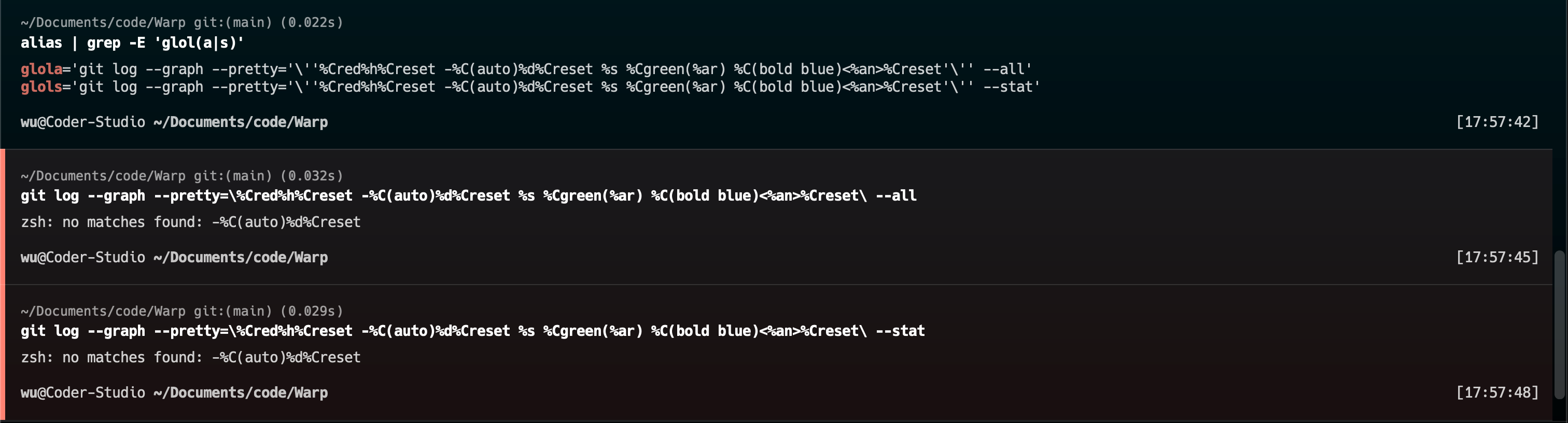 zsh: no matches found: -%C(auto)%d%Creset · Issue #3158 · warpdotdev/Warp · GitHub