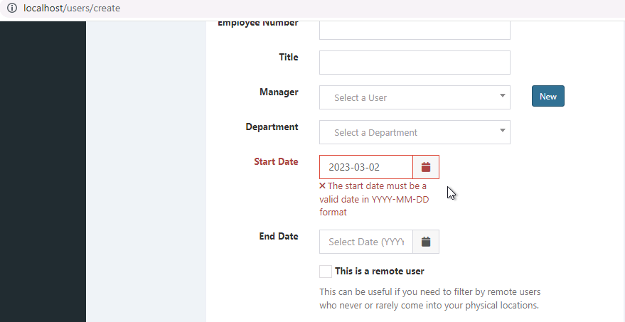 Create New User - Error in Start Date - The Start Date must be a valid ...