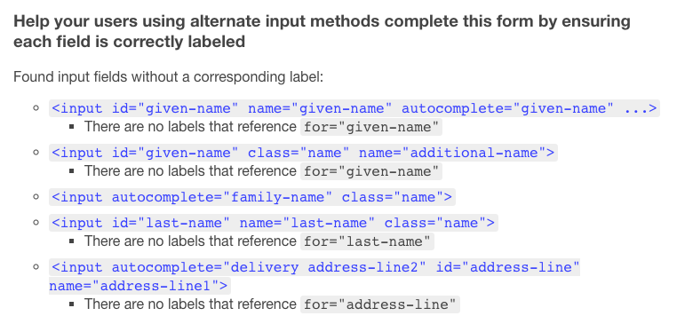 Highlight the id values of input fields that don't have an associated ...