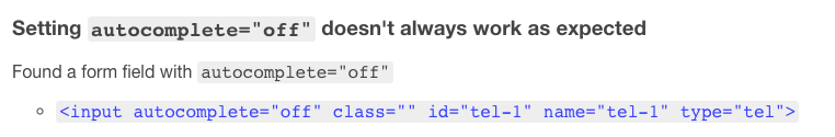 Highlight autocomplete="off" attribute · Issue #91 · GoogleChromeLabs/form-troubleshooter · GitHub