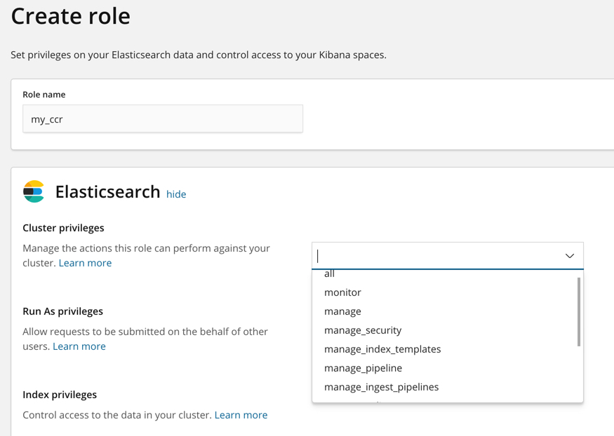 Add CCR cluster privileges to Kibana Roles UI · Issue #25603 · elastic/kibana · GitHub