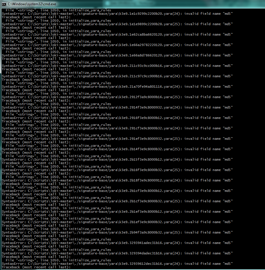with loki_0.24.0 I have many record at the log file: yara(24 or 25): invalid field name "md5 ...