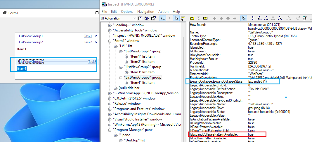 AccessibilityInsight: Inspect: IsExpandCollapsePattemAvailable property for ListViewGroup should ...