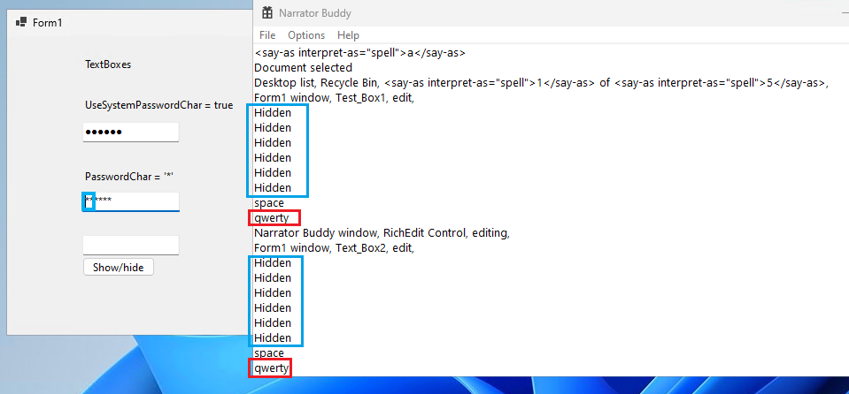 [Accessibility] Narrator should hide to announce the text in textBox/maskedTextBox when enable ...