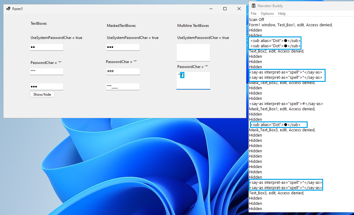 [Accessibility] Narrator should hide to announce the text in textBox/maskedTextBox when enable ...