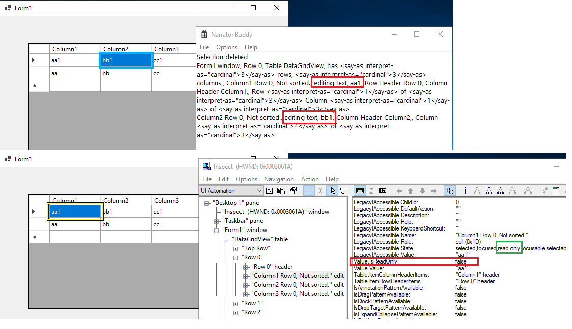 Accessibility: DataGridView cells in a ReadOnly DGV are reported as editable and Value ...
