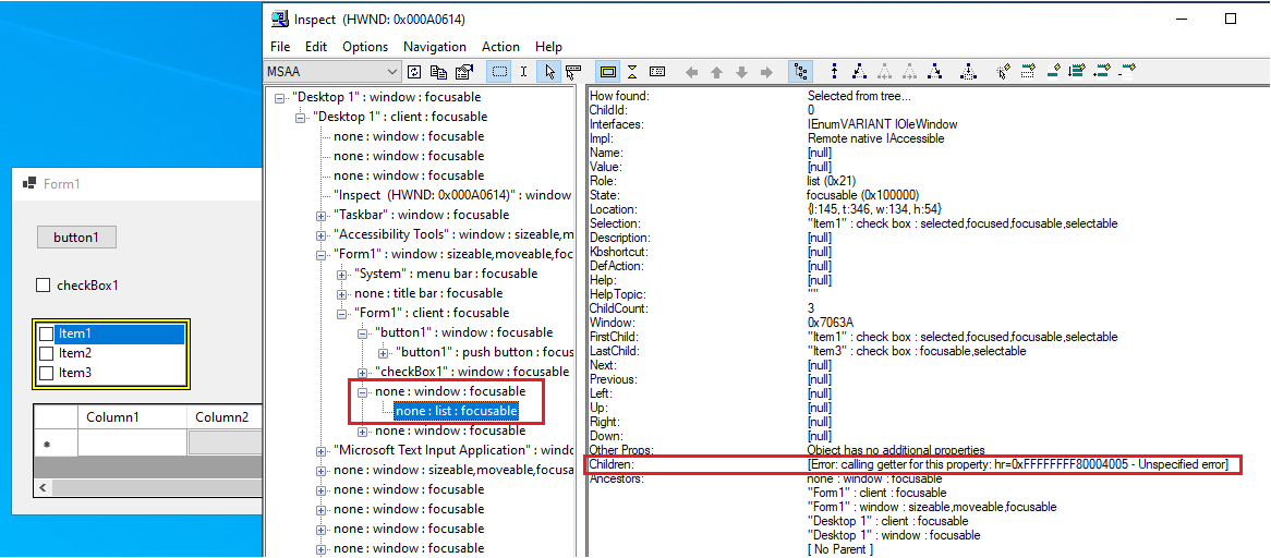 Accessibility: In Inspect: MSAA, the child items of some controls ...