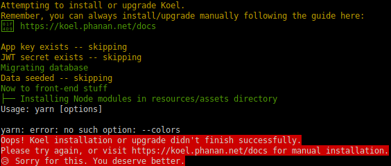 yarn: no option: --colors · Issue #1127 · koel/koel · GitHub