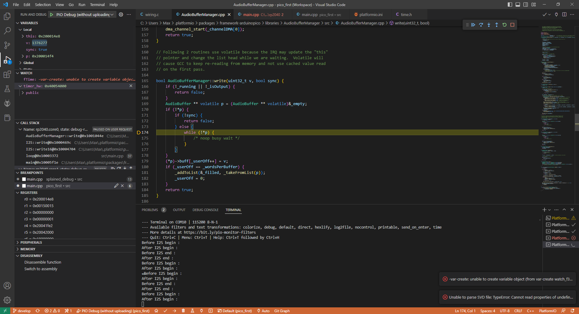 Repeatedly starting/ending I2S crashes? · Issue #1162 · earlephilhower/arduino-pico · GitHub