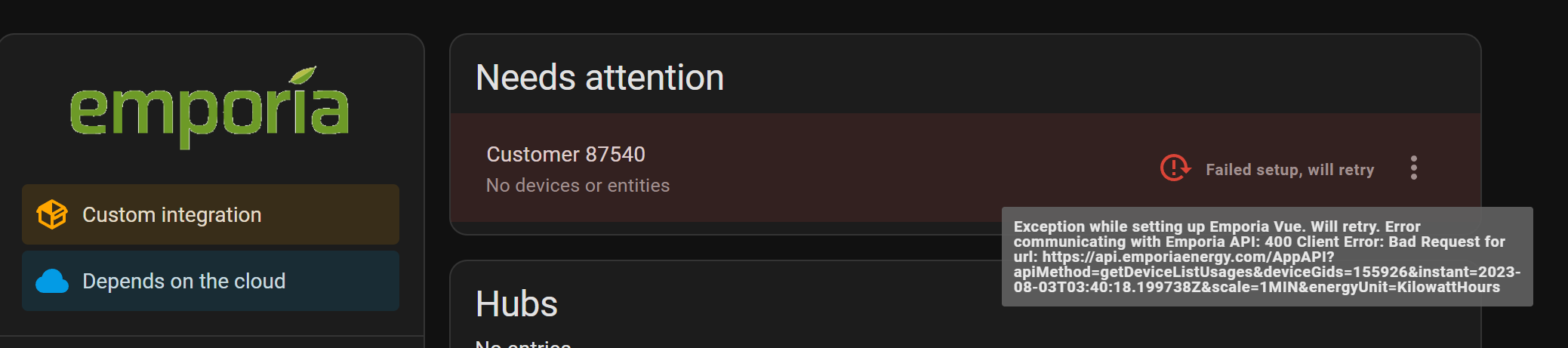 Stuck at Failed Setup, will retry · Issue #218 · magico13/ha-emporia-vue · GitHub