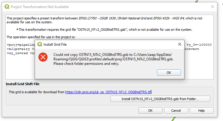 Problem installing transformation grid file - permission issue · Issue ...