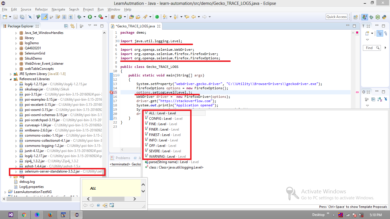 Selenium 3 5 2 Java Documentation Mentions Available Levels For Log