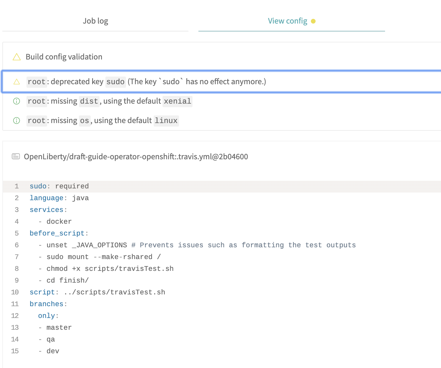 Remove `sudo` key from .travis.yml file · Issue #457 · OpenLiberty ...