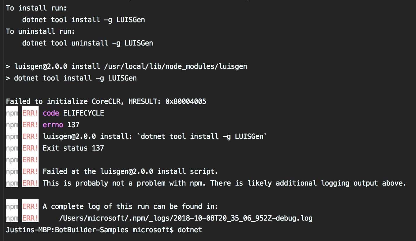 Luisgen Fails To Install On Mac · Issue 643 · Microsoft Botbuilder Tools · Github