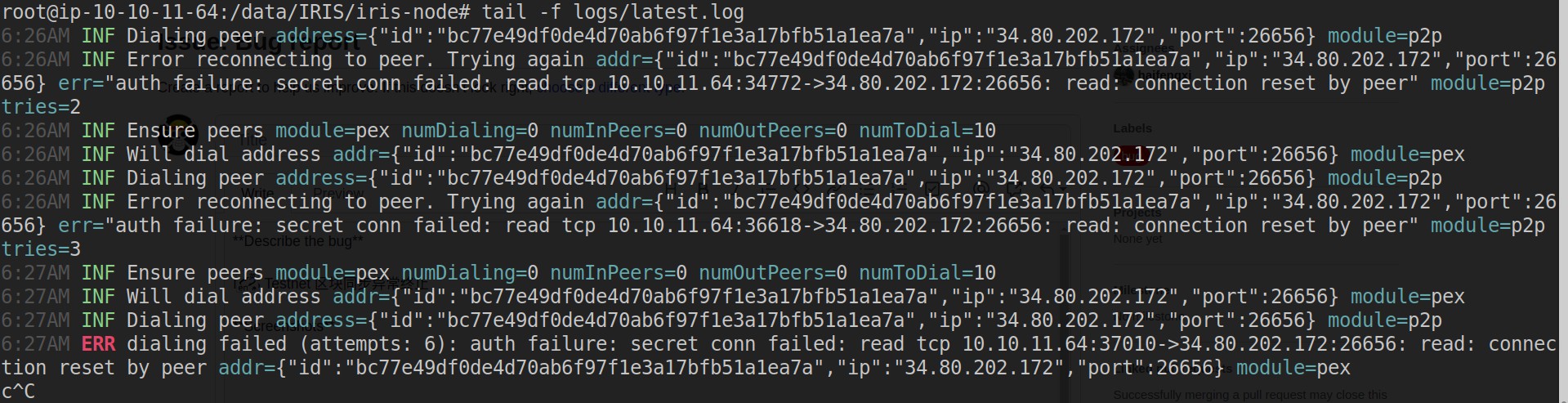 ERR dialing failed (attempts: 6): auth failure: secret conn failed · Issue #2673 · irisnet ...
