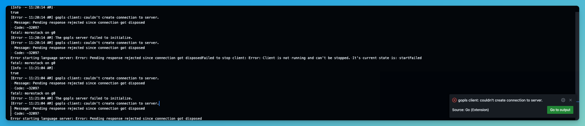 Pending response rejected since connection got disposed Code: -32097 · Issue #2743 · golang ...