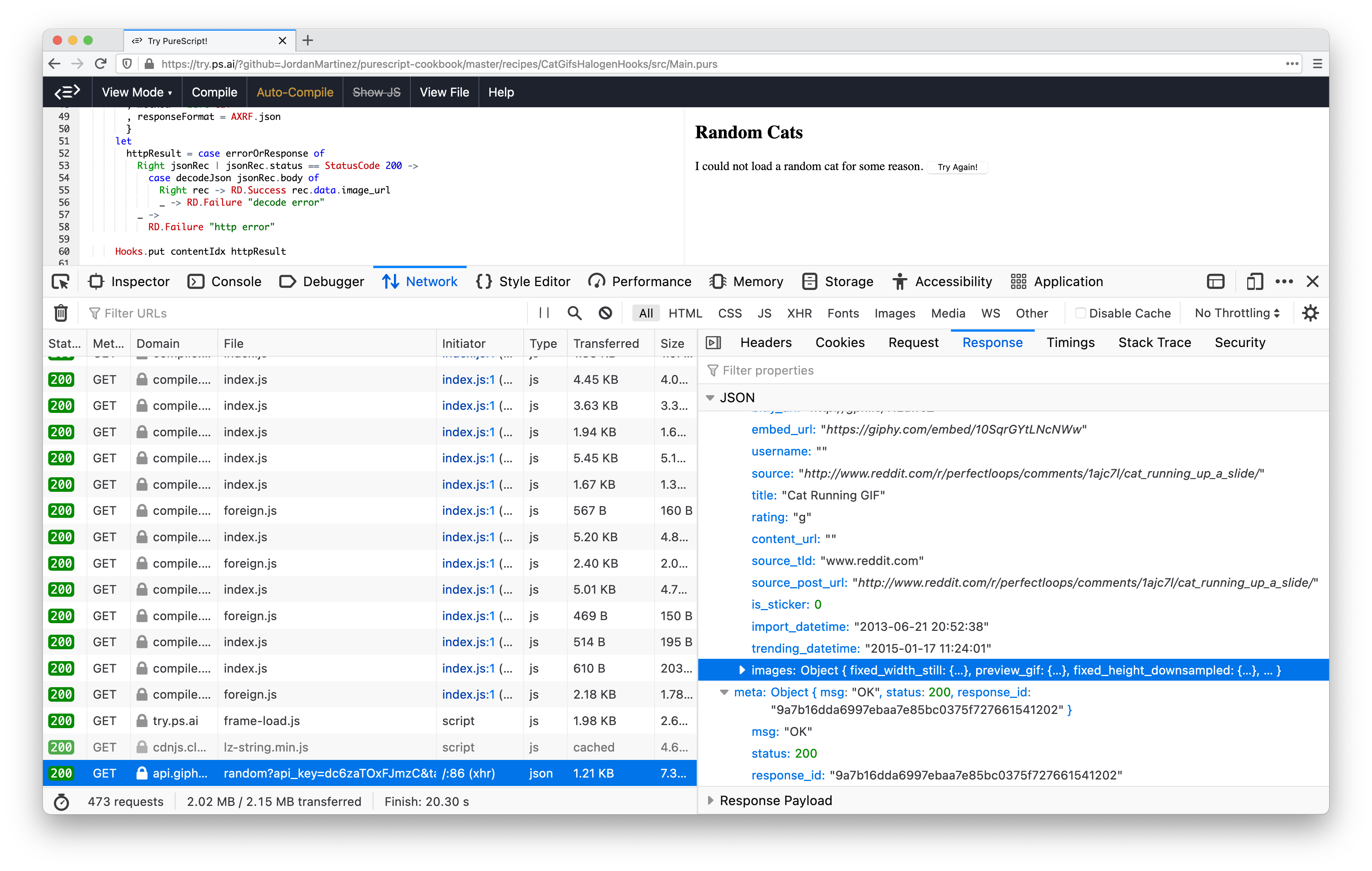 CatGifsHalogenHooks image display is broken. · Issue #289 · JordanMartinez/purescript-cookbook ...
