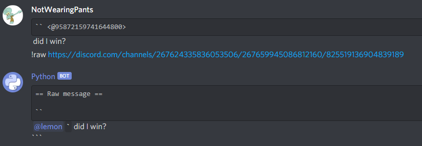 Filter bypass in !raw command, can make the bot @mention · Issue #1485 · python-discord/bot · GitHub