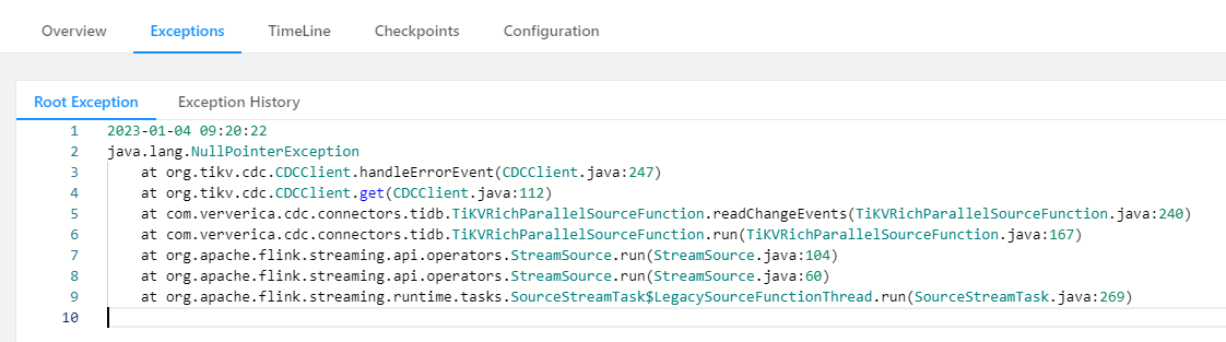 FlinkCDC采集TIDB异常报NULL触发任务重启 · Issue #1853 · apache/flink-cdc · GitHub