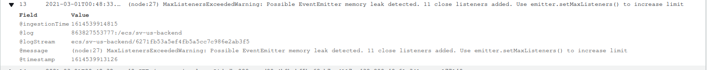 (node:27) MaxListenersExceededWarning: Possible EventEmitter memory leak detected. 11 close ...