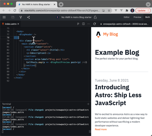 HMR broken in Astro Blog starter · Issue #386 · stackblitz/webcontainer-core · GitHub
