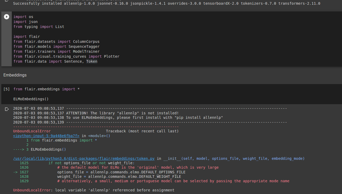 ELMoEmbeddings not working · Issue #1729 · flairNLP/flair · GitHub