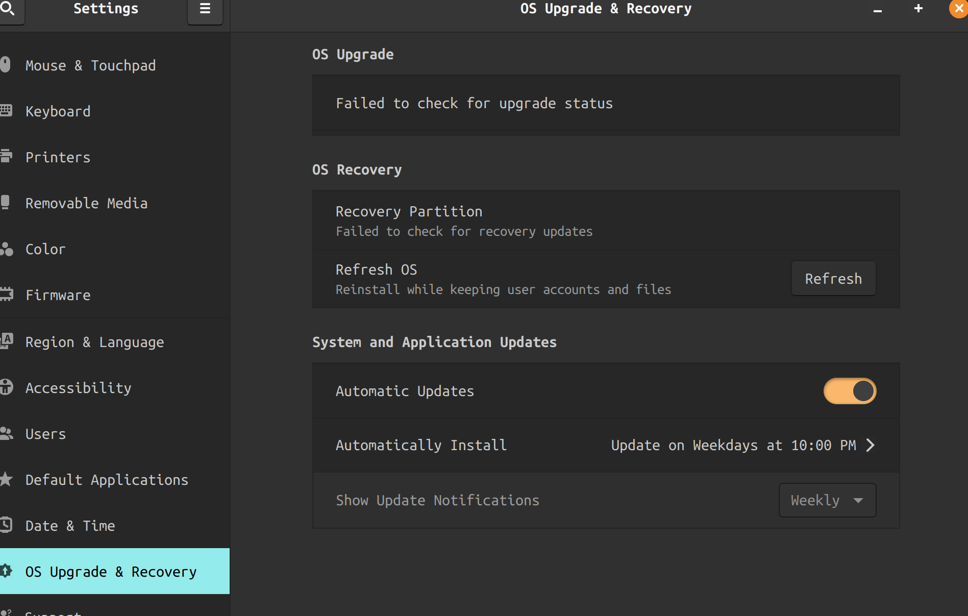 Settings Menu Item States In Os Upgrade And Recovery Failed To Check For Upgrade Status So Does