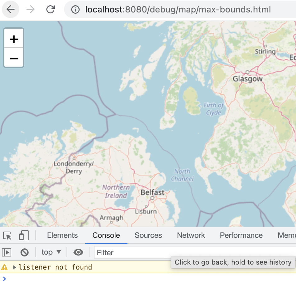 "Listener not found" warning when passing maxBounds option to map · Issue #7951 · Leaflet ...