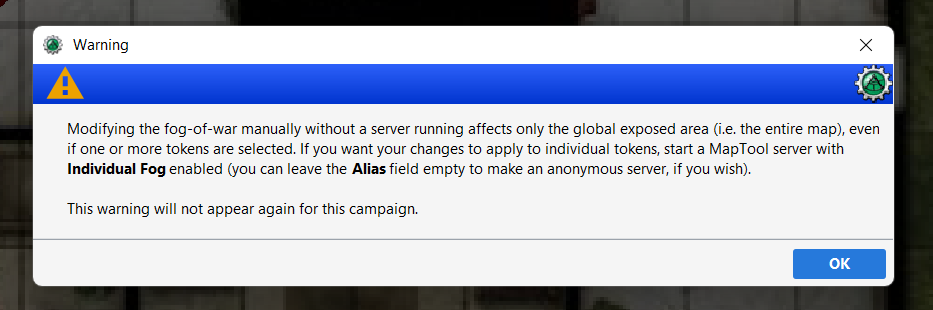 [Bug]: Fog-of-war mode warning appears every time · Issue #3735 · RPTools/maptool · GitHub