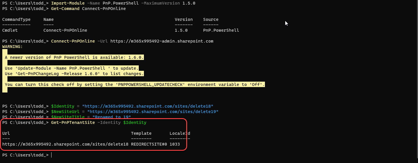 Bug Get Pnptenantsite Does Not Accurately Reflect Redirected Site · Issue 771 · Pnp
