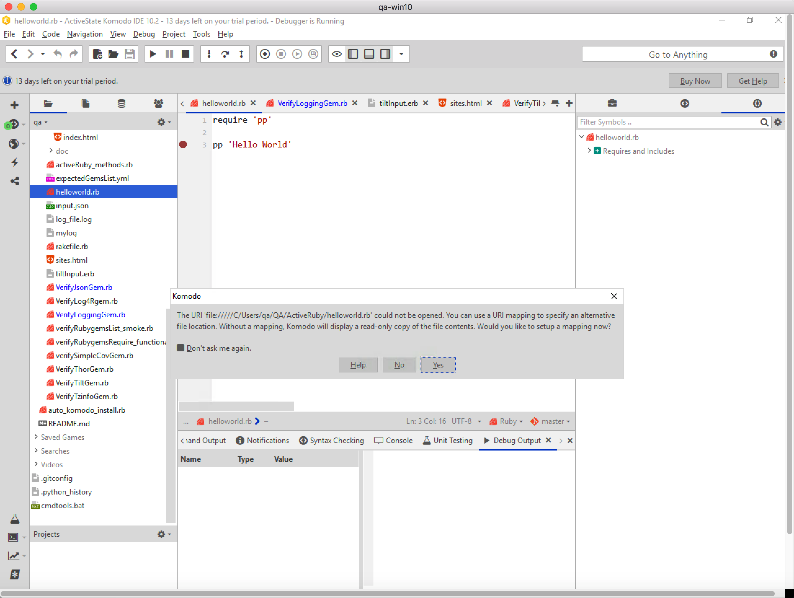 mapped URI windows shows up while trying to debug Local ruby scripts ...