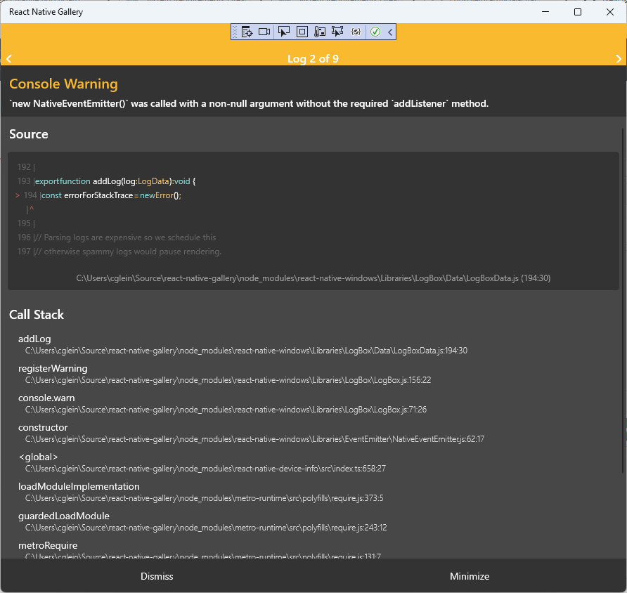 Gallery has 6 yellow box warnings: new NativeEventEmitter()` was called with a non-null argument ...