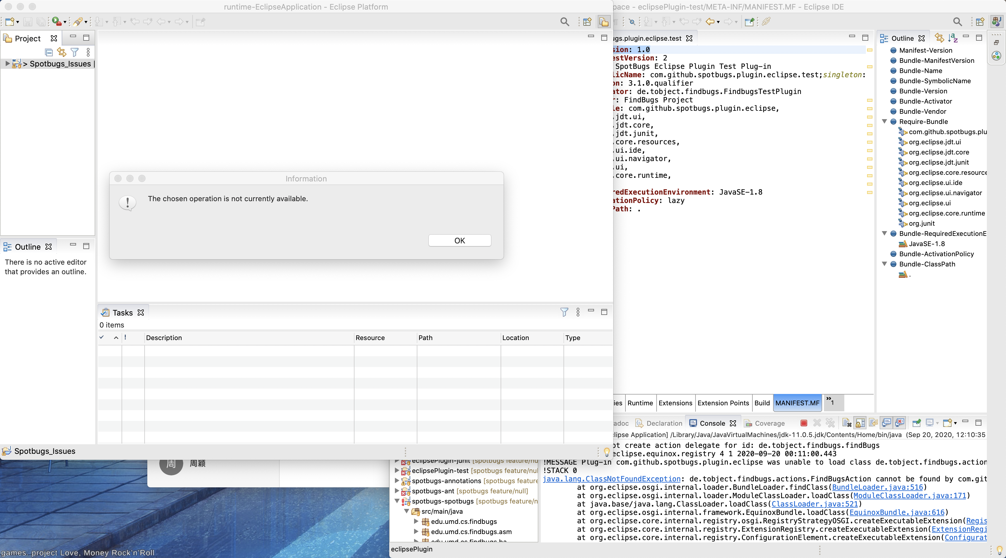 Problem running SpotBugs when debugging in eclipsePlugin: The chosen operation is not currently ...