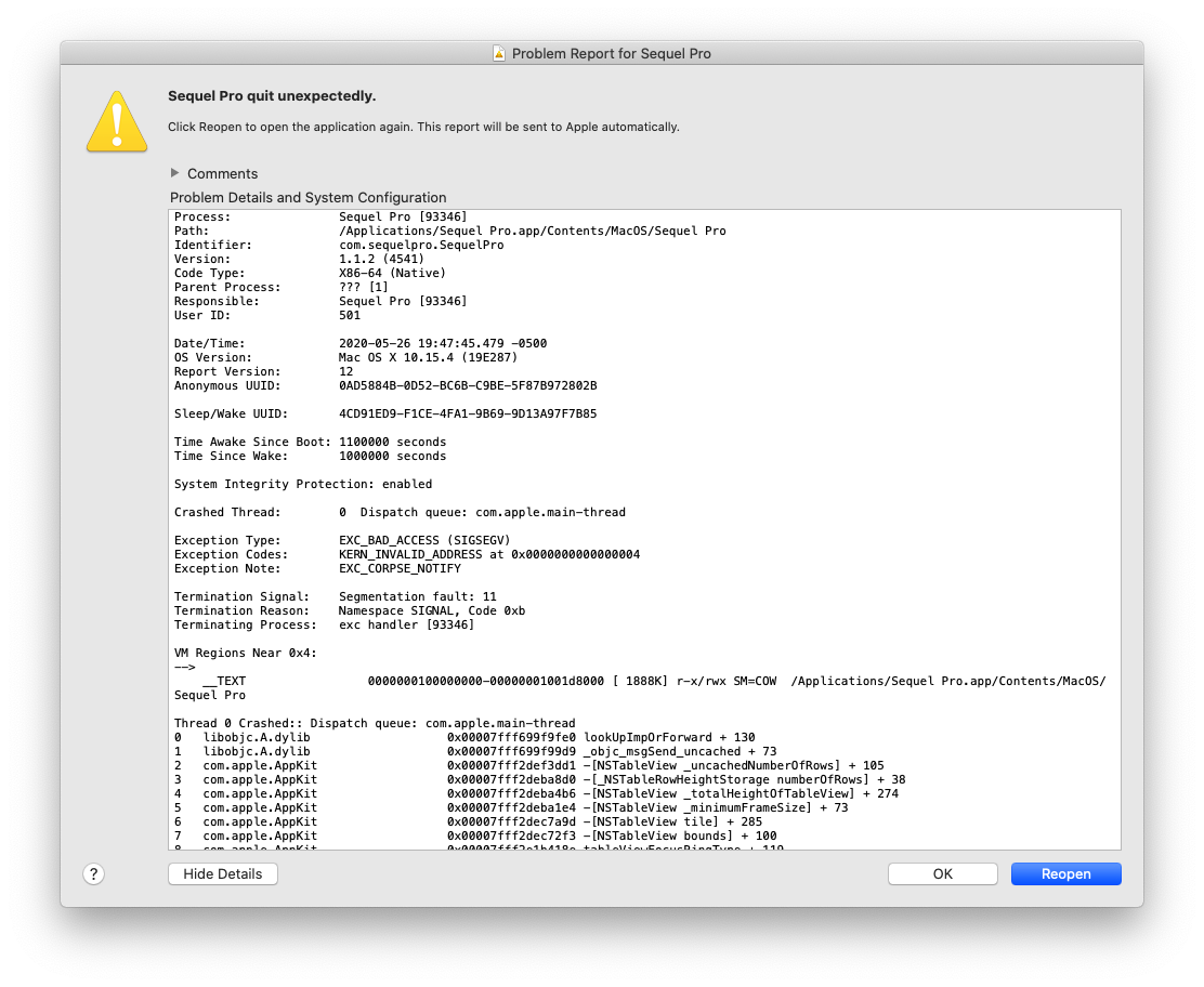 Program crashes on closing tab · Issue #3687 · sequelpro/sequelpro · GitHub