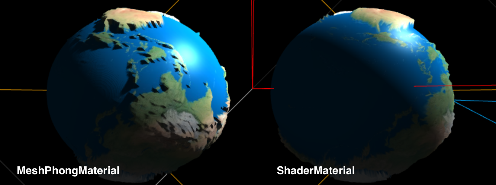 Since r132, I can't replicate MeshPhongMaterial’s new displacementMap-based self-shadowing using ...